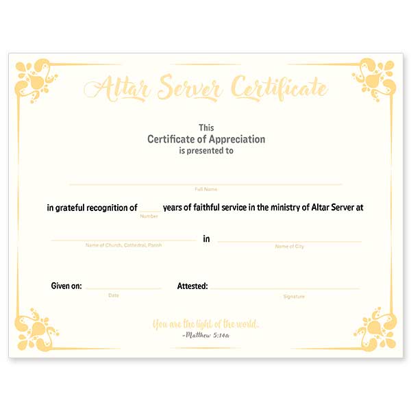 Altar Server Certificate of Appreciation - Altar + Home